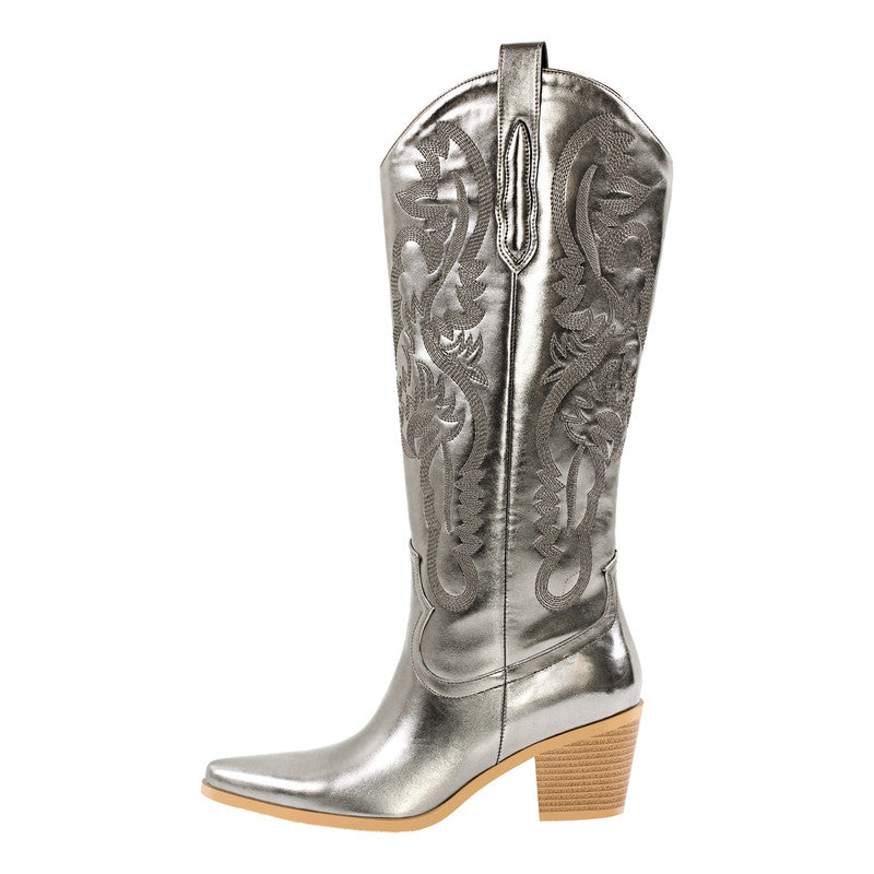 Silver Embroidered Mid-calf Chunky Heel Western Boots – Favorboots